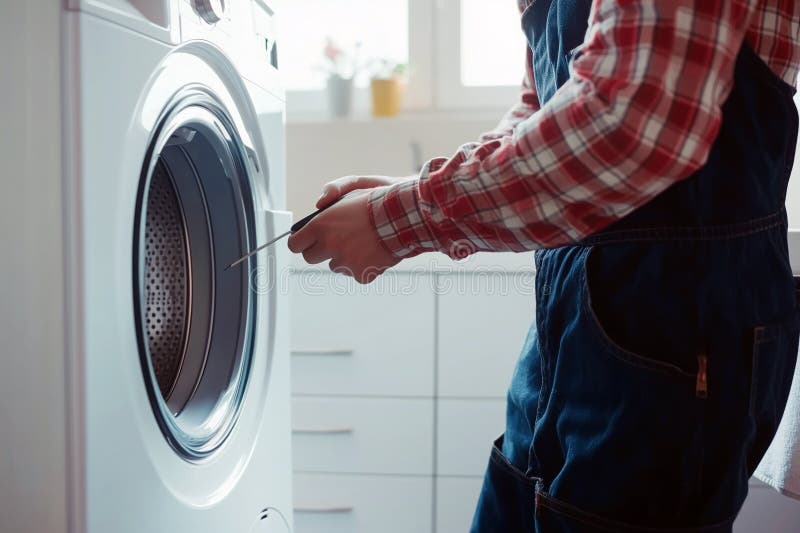 Repairman Fixing a Washing Machine in the Kitchen. Housework Concept ...