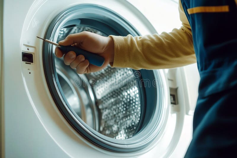 Repairman Installing Washing Machine in Laundry Room, Close-up Stock ...
