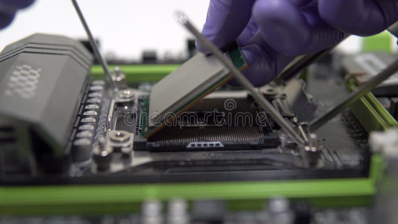 The Repairman Installs the Main Processor into the Socket. Maintenance ...