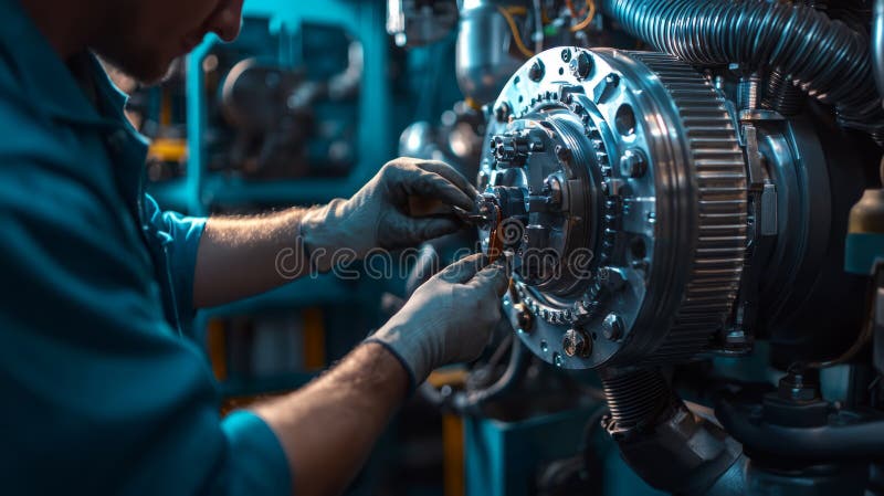Repairman Maintaining an Industrial Generator, Checking Mechanical ...