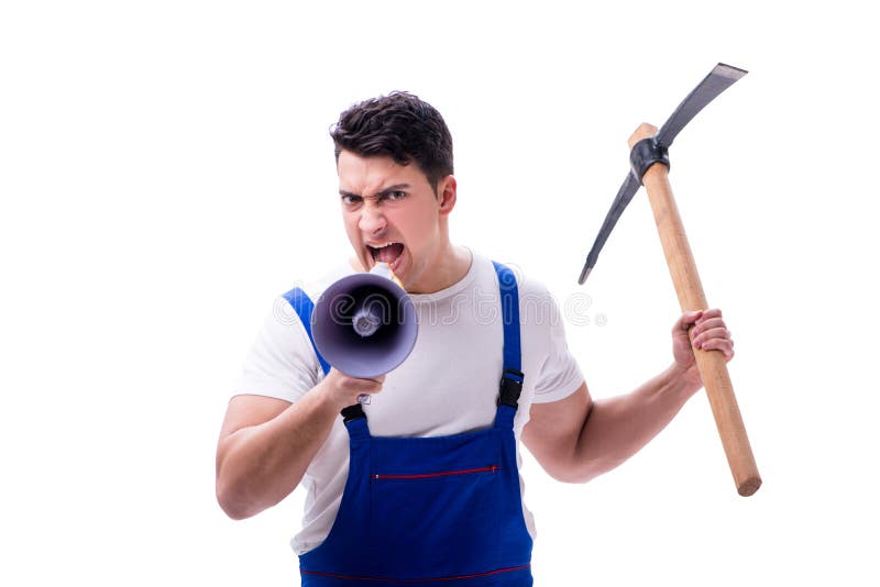 The Man with a Digging Axe Hoe on White Background Isolated Stock Image ...