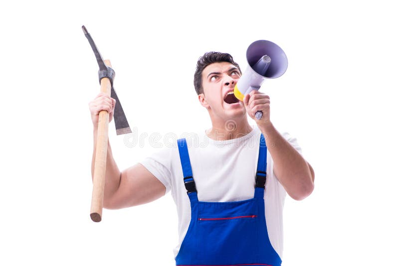 The Man with a Digging Axe Hoe on White Background Isolated Stock Image ...