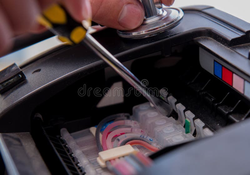 Repairman Repairing Broken Color Printer Stock Photo - Image of ...