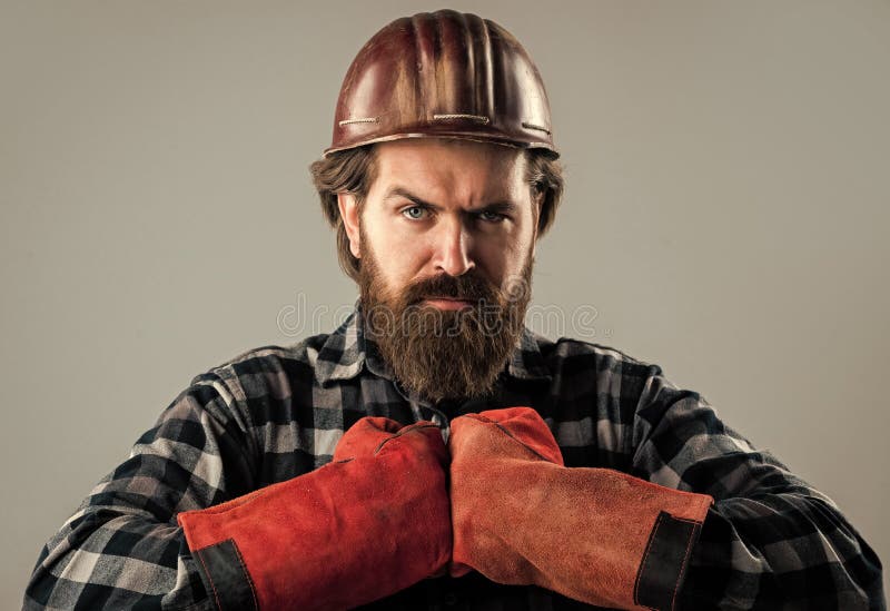 Repairman in Uniform. Guy Builder with Beard and Moustache Stock Photo ...