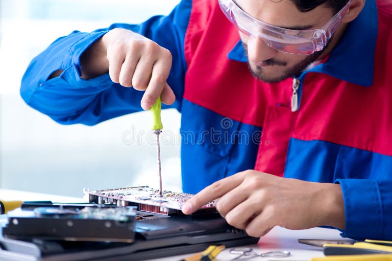 Repairman Working in Technical Support Fixing Computer Laptop Tr Stock ...