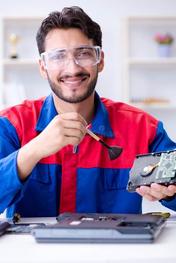 Repairman Working in Technical Support Fixing Computer Laptop Tr Stock ...