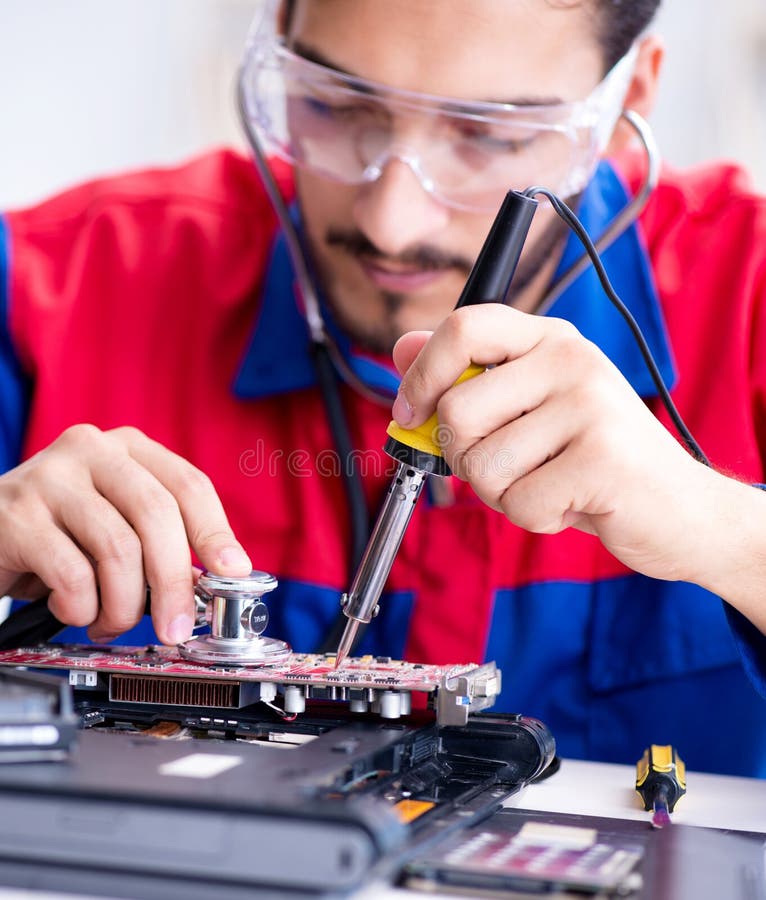Repairman Working in Technical Support Fixing Computer Laptop Tr Stock ...