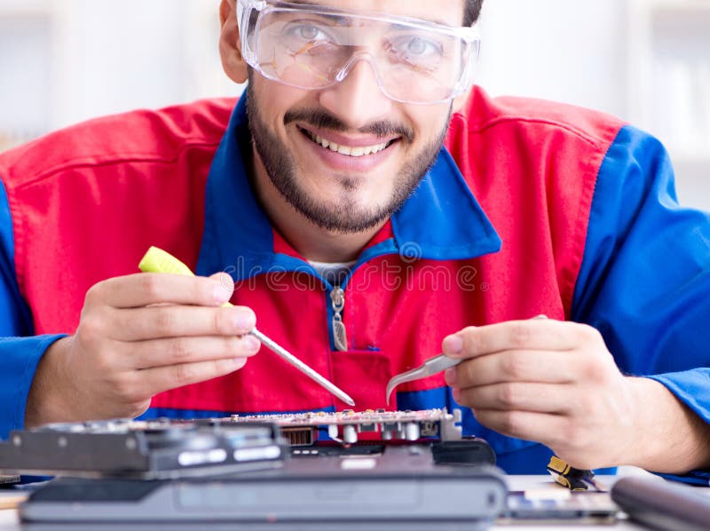 Repairman Working in Technical Support Fixing Computer Laptop Tr Stock ...