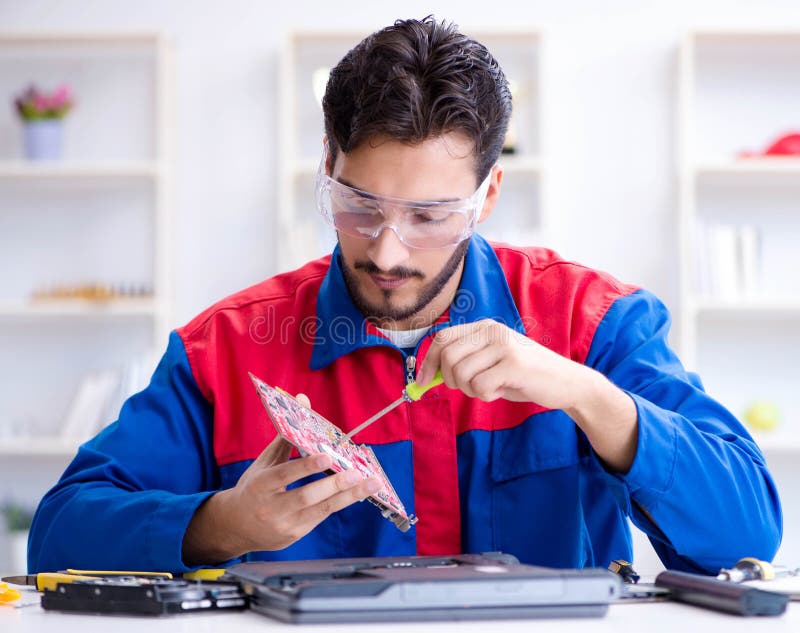 Repairman Working in Technical Support Fixing Computer Laptop Tr Stock ...
