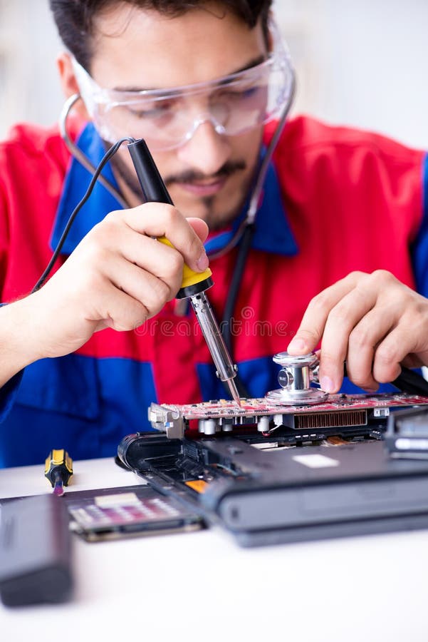Repairman Working in Technical Support Fixing Computer Laptop Tr Stock ...