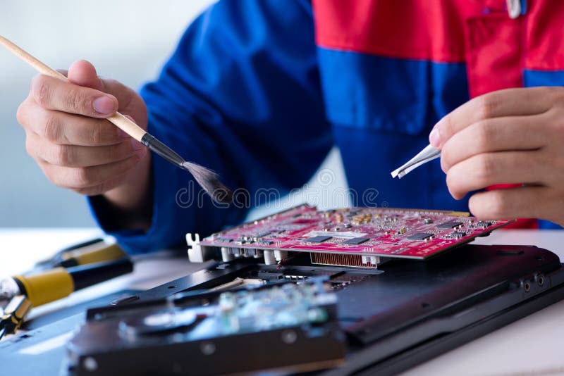 Repairman Working in Technical Support Fixing Computer Laptop Tr Stock ...