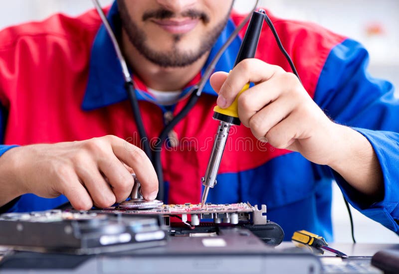 Repairman Working in Technical Support Fixing Computer Laptop Tr Stock ...