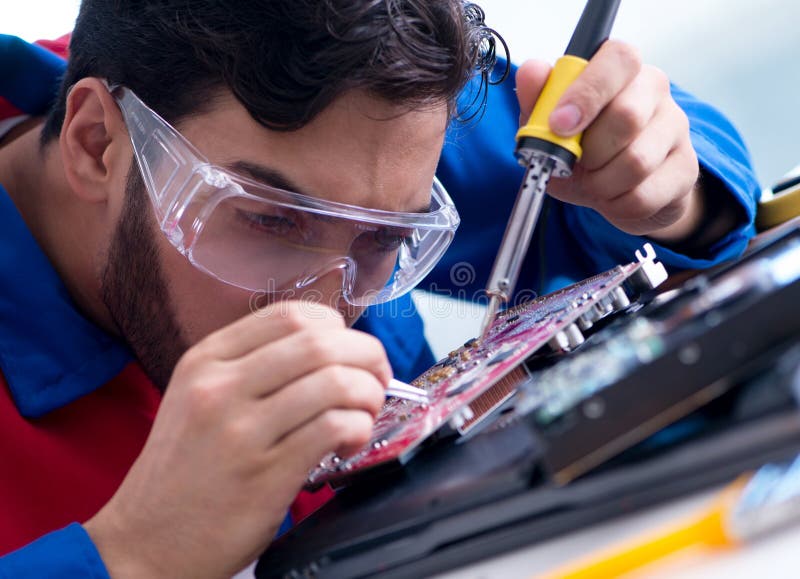 Repairman Working in Technical Support Fixing Computer Laptop Tr Stock ...