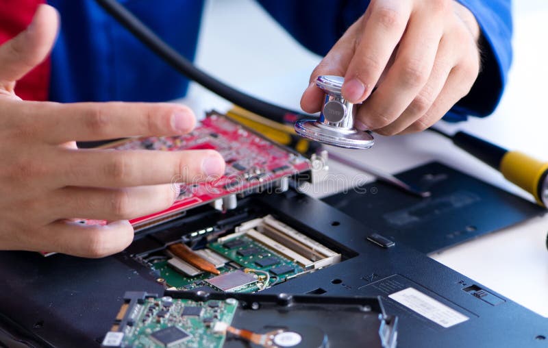 Repairman Working in Technical Support Fixing Computer Laptop Tr Stock ...