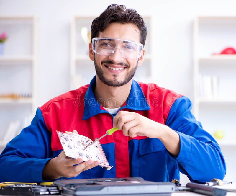 Repairman Working in Technical Support Fixing Computer Laptop Tr Stock ...
