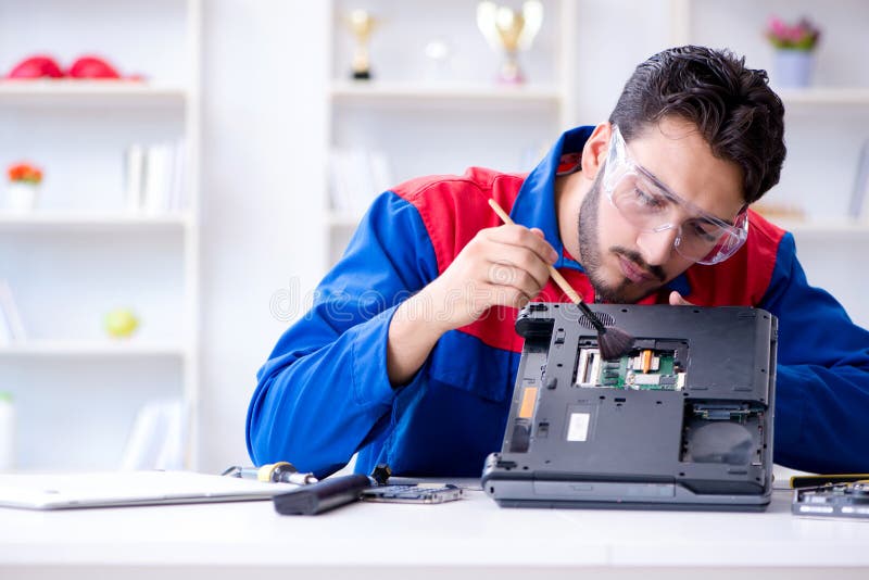 Repairman Working in Technical Support Fixing Computer Laptop Tr Stock ...