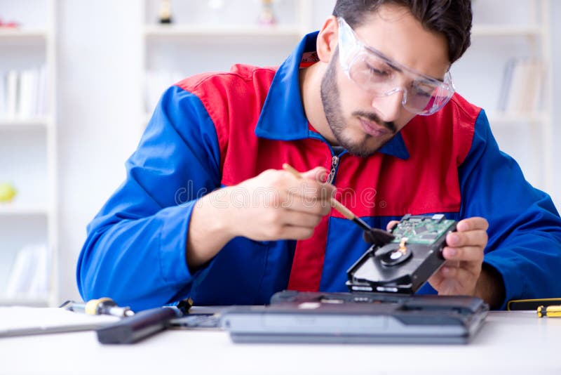 Repairman Working in Technical Support Fixing Computer Laptop Tr Stock ...