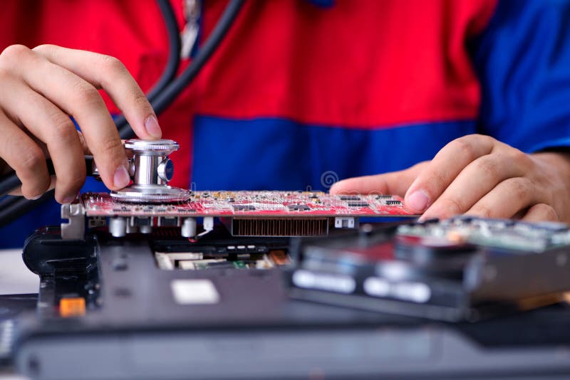 Repairman Working in Technical Support Fixing Computer Laptop Tr Stock ...