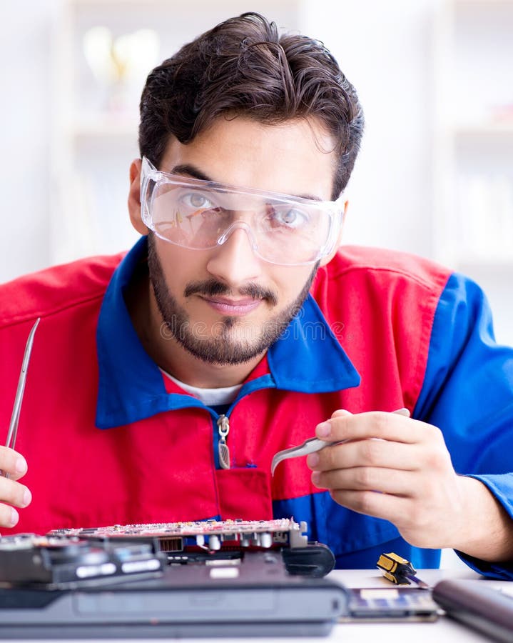 Repairman Working in Technical Support Fixing Computer Laptop Tr Stock ...