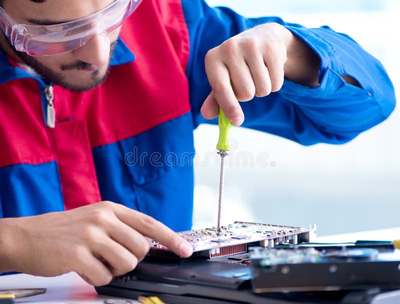 Repairman Working in Technical Support Fixing Computer Laptop Tr Stock ...