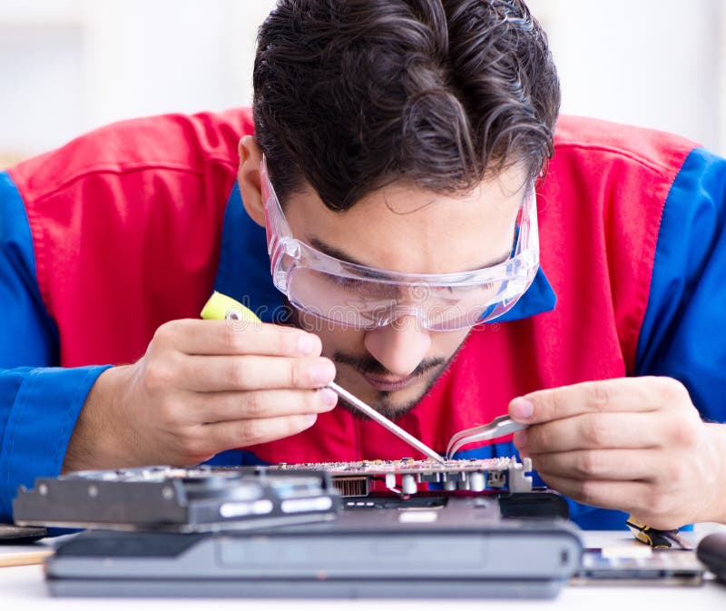 Repairman Working in Technical Support Fixing Computer Laptop Tr Stock ...