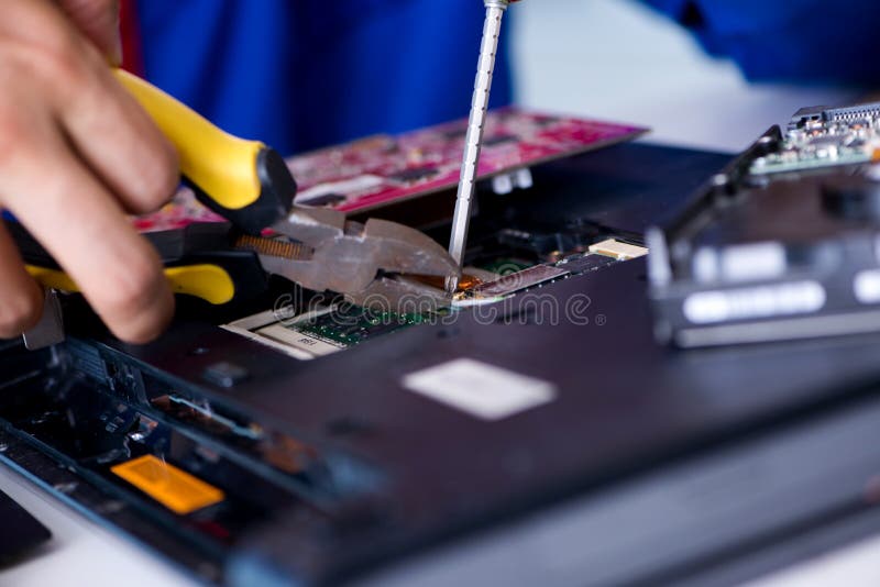 Repairman Working in Technical Support Fixing Computer Laptop Tr Stock ...