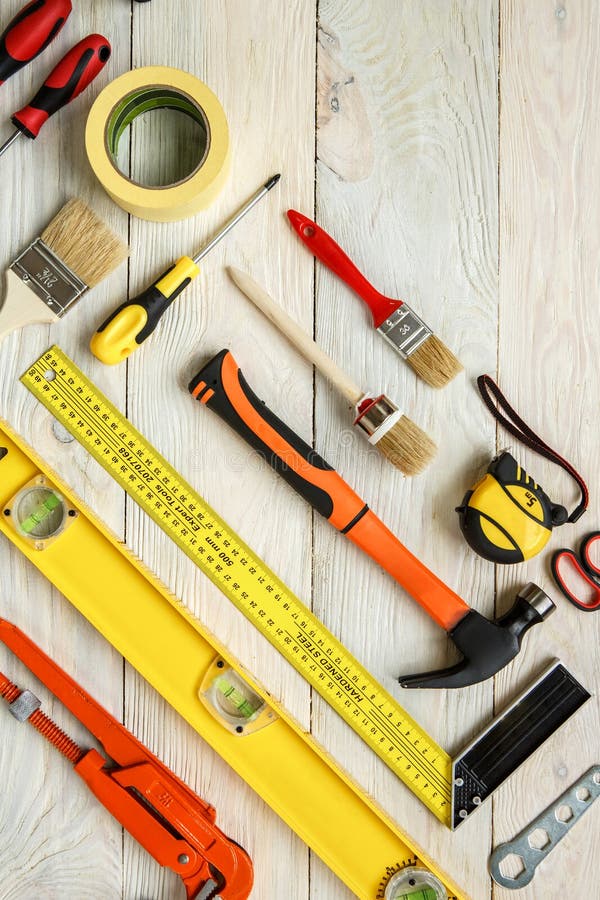 Repairment Tools Objects on Wooden Surface Stock Image - Image of ...