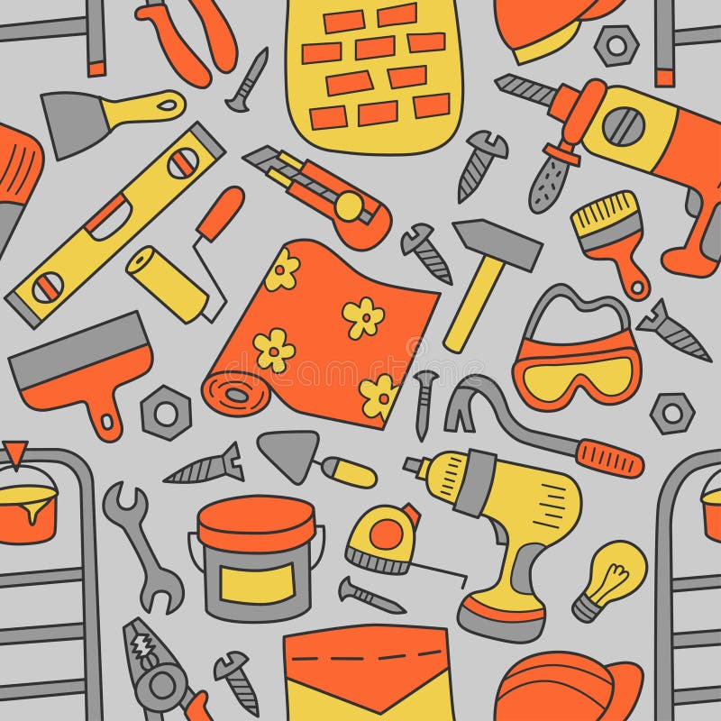 Repairs. Building Tools. Seamless Pattern in Doodle and Cartoon Style ...