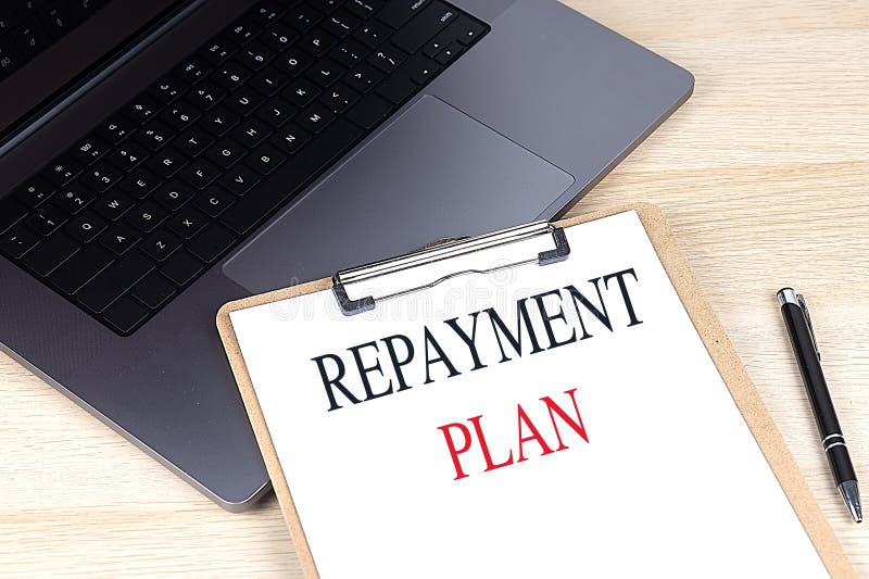 REPAYMENT PLAN Text on Clipboard on Laptop Stock Image - Image of loan ...