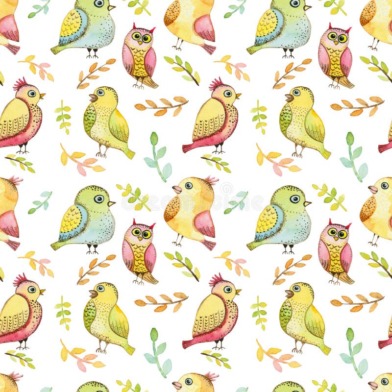 Repeat Pattern with Watercolor Green and Yellow Birds Stock ...