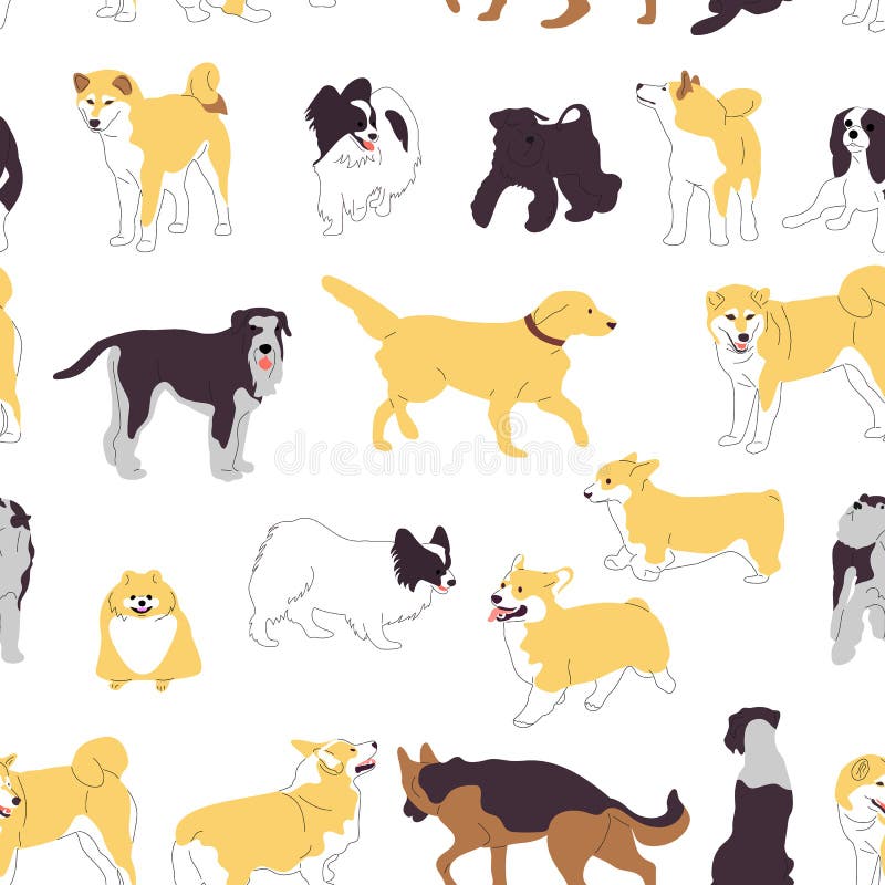 Repeat Seamless Pattern with Flat Style Different Cute Dogs on White ...