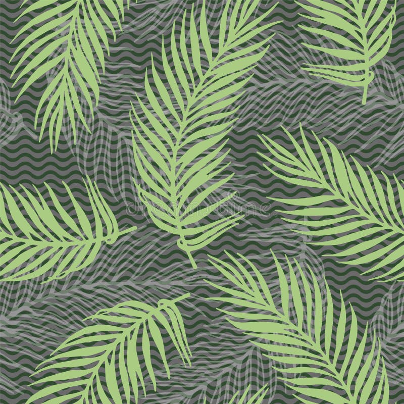 Repeat Tropical Palm Leaves Vector Pattern. Botanical Elements Over Waves Stock Vector ...