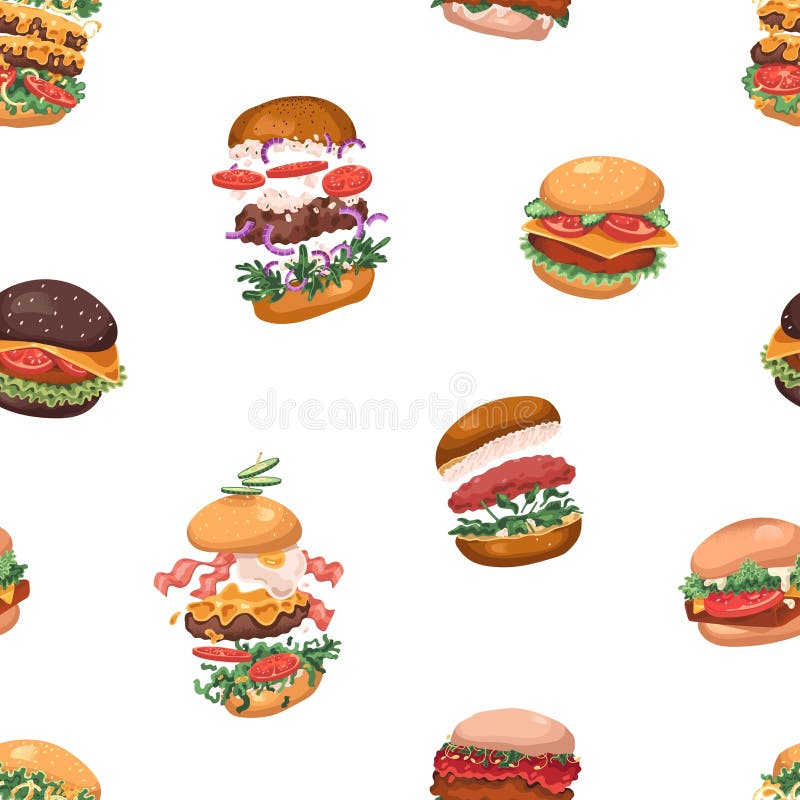 Repeatable Pattern of Flying Burgers. Different Cheeseburgers ...