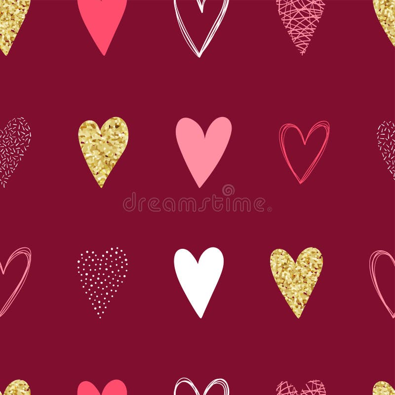 Repeated Hearts Seamless Pattern, Hand Drawn with Gold Glitter Effect ...