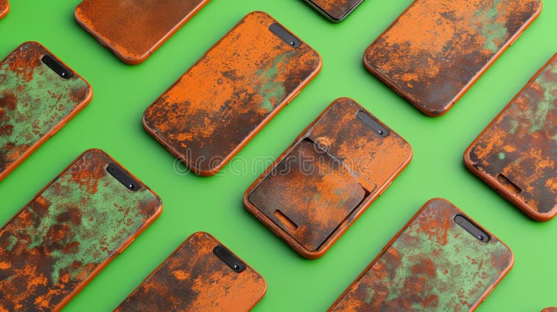 Repeated Layout of Rusted Smartphones with Varied Designs on Green ...