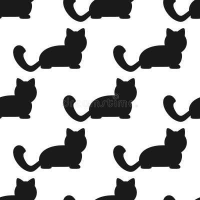 Repeating Black Silhouettes of Cats on a White Background. Seamless ...