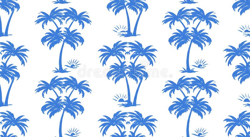 Repeating Blue Palm Tree Pattern on a White Background with Sun ...