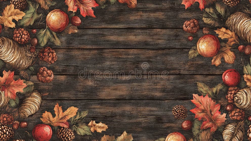 Repeating Cornucopia and Acorn Pattern on a Rustic Wood Background ...