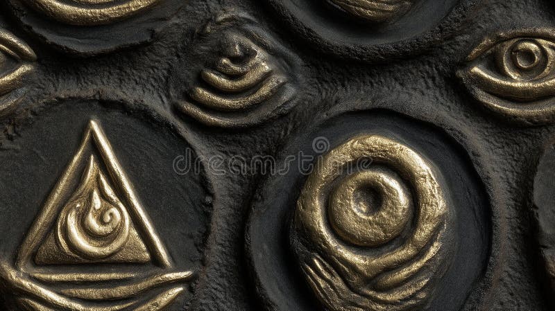 Repeating Embossed Amulet Texture with Mystical Symbols on Dark Clay or ...