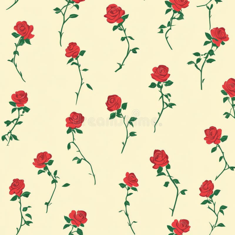A Repeating Flat Design Pattern of Small Red Roses with Green Stems and ...
