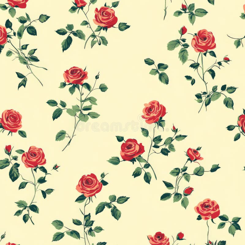 A Repeating Flat Design Pattern of Small Red Roses with Green Stems and ...