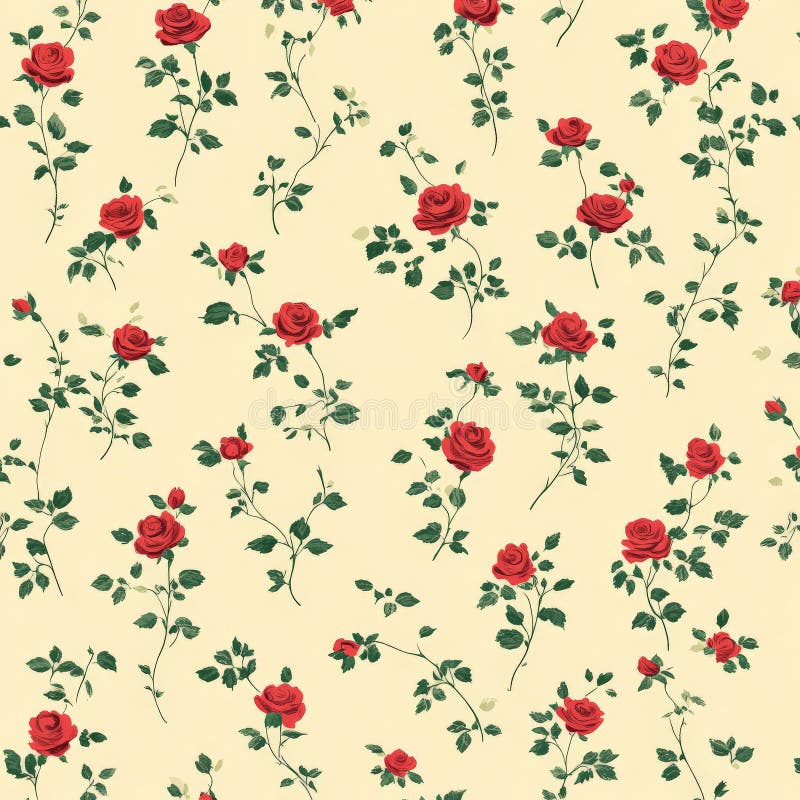 A Repeating Flat Design Pattern of Small Red Roses with Green Stems and ...