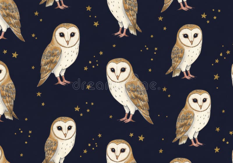 Repeating Owl Pattern with Gold Stars on Dark Background Stock ...