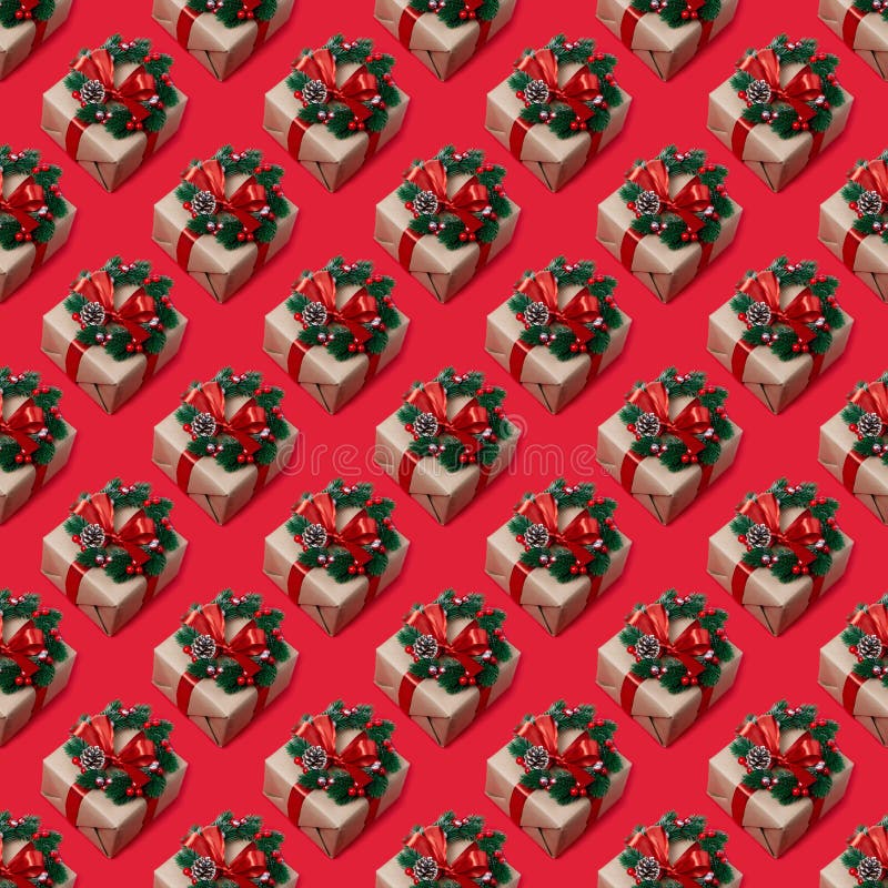 A Repeating Pattern of a Beautiful Christmas Present on a Red ...