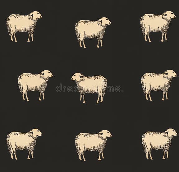 Repeating Pattern of Beige Sheep Standing on a Dark Background Creating ...