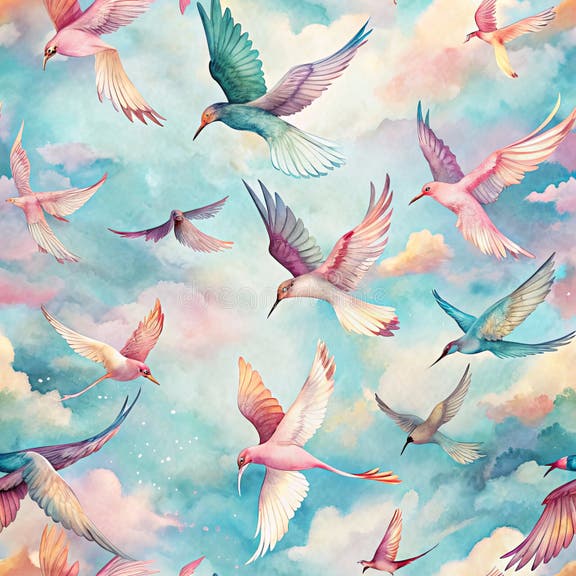 Repeating Pattern of Birds Flying among the Clouds in Pastel Colors ...