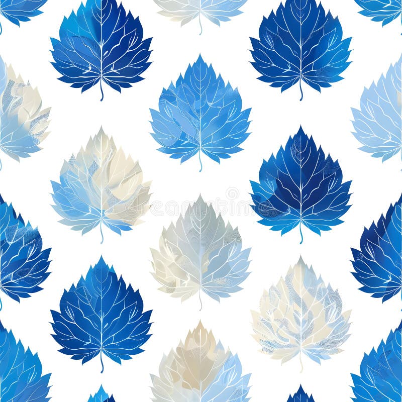 A Repeating Pattern of Blue and White Leaf Designs on a White Background Stock Illustration ...