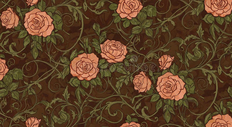 Repeating Pattern Features Pink Roses with Green Leaves and Swirling ...
