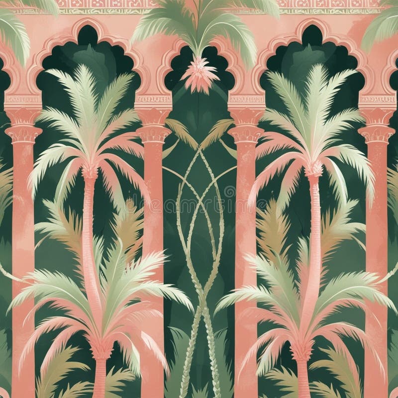 A Repeating Pattern Featuring Palm Trees and Decorative Arches on a ...