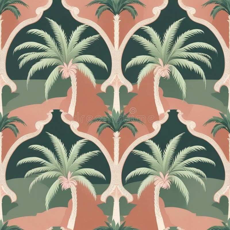 A Repeating Pattern Featuring Palm Trees and Decorative Arches on a ...